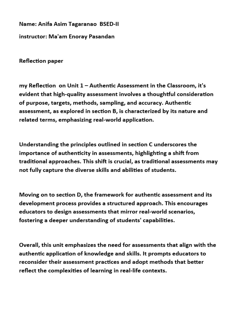 Reflection on Authentic Assessment Methods | PDF | Educational ...