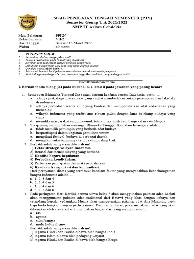 Soal PTS PPKN Kelas VII | PDF | Perjalanan