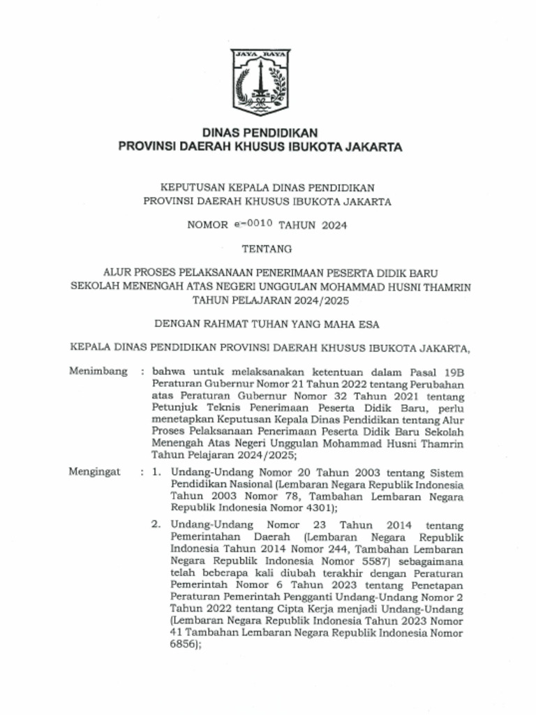 SK Kadis Nomor E-0010 Tahun 2024 Tentang Alur Proses PPDB SMANU M HT TP 2024-2025 | PDF