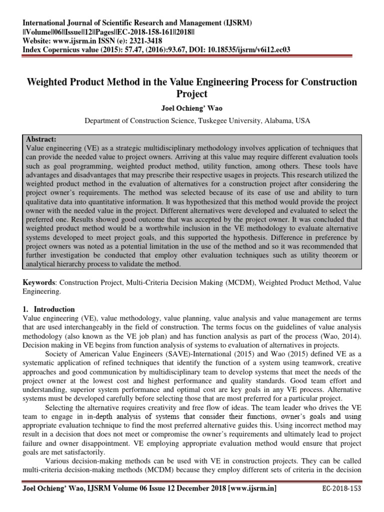Weighted Product Method in The Value Engineering | PDF | Methodology ...