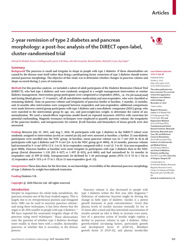 2 Year Remission of Type 2 Diabetes and Pancreas M | PDF | Epidemiology ...
