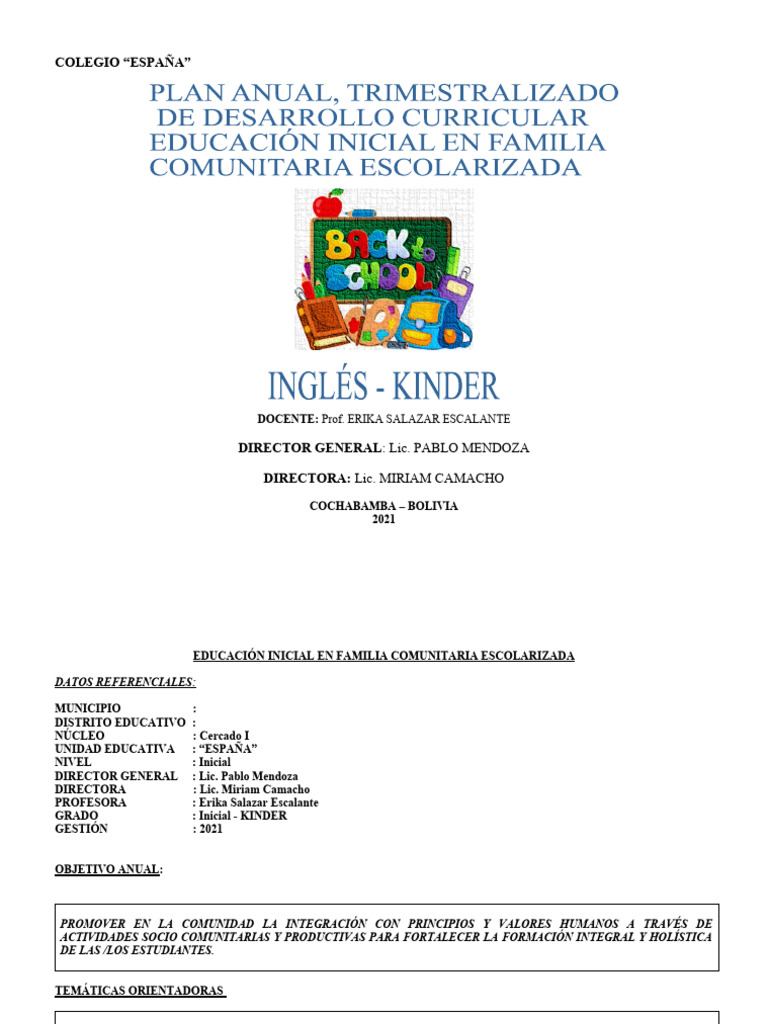 Ingles - Plan Anual Trimestralizado Kinder 2021 - Colegio España | PDF ...
