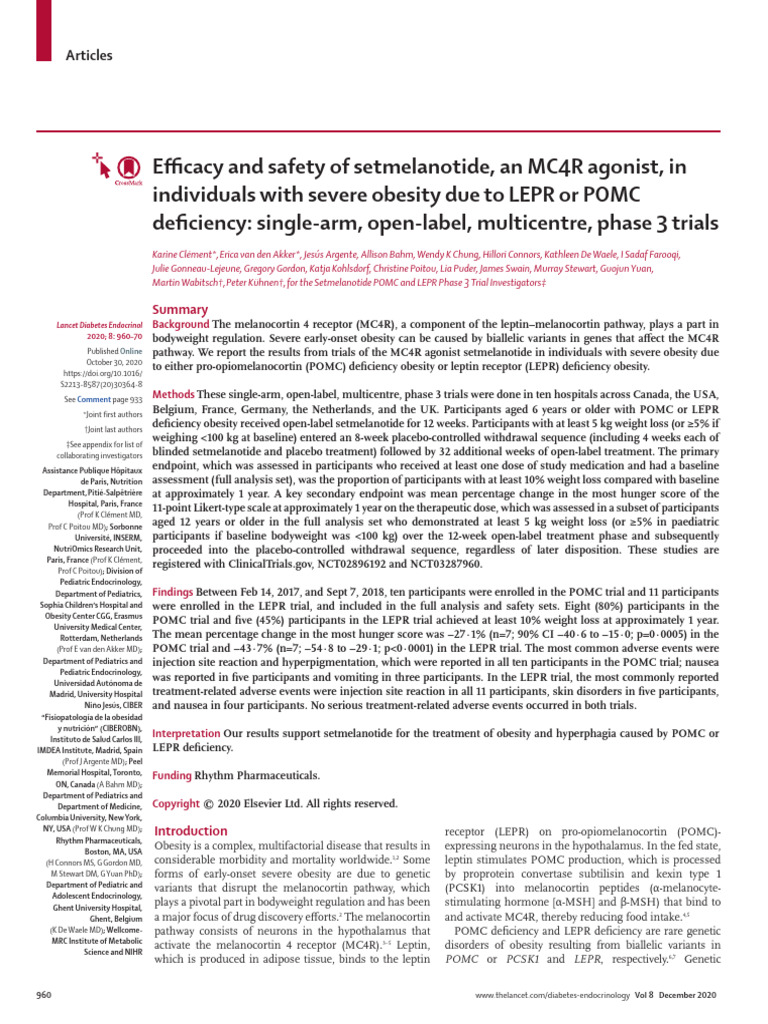 Efficacy and Safety of Setmelanotide, An MC4R Agon | PDF | Obesity | Drugs