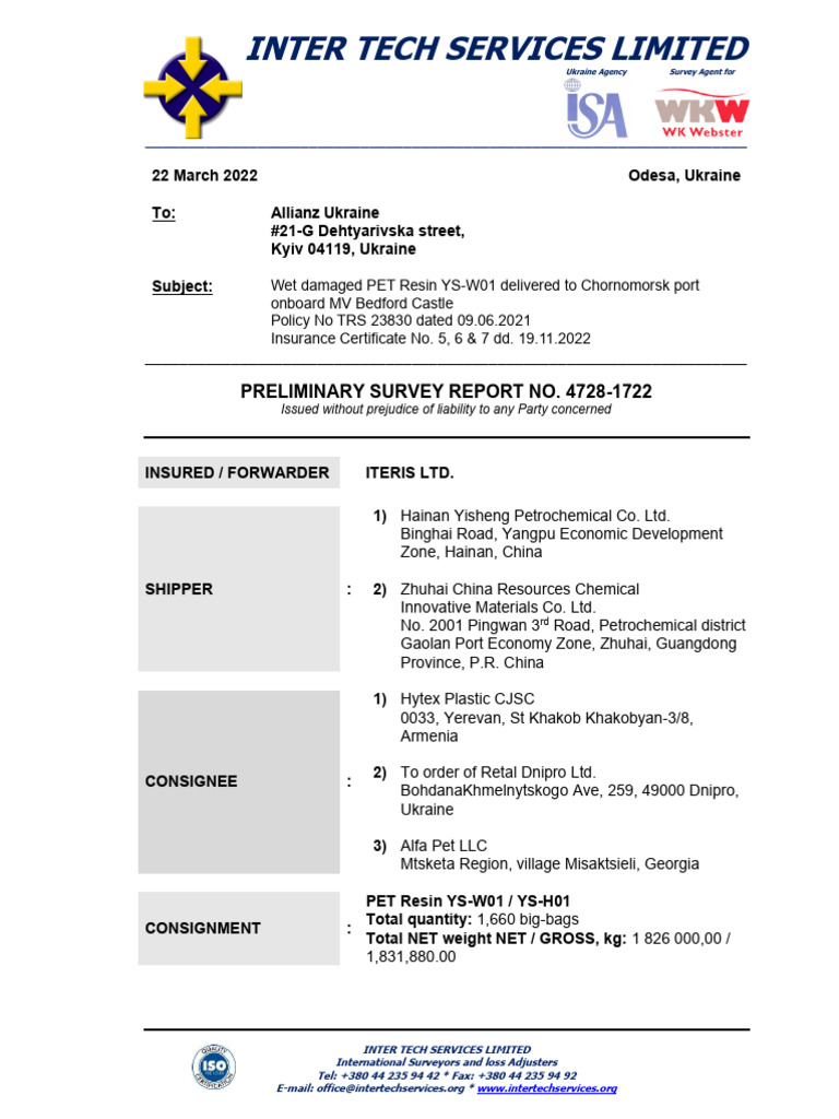 Preliminary Survey Report No. 4728-1822 | PDF | Cargo | Insurance