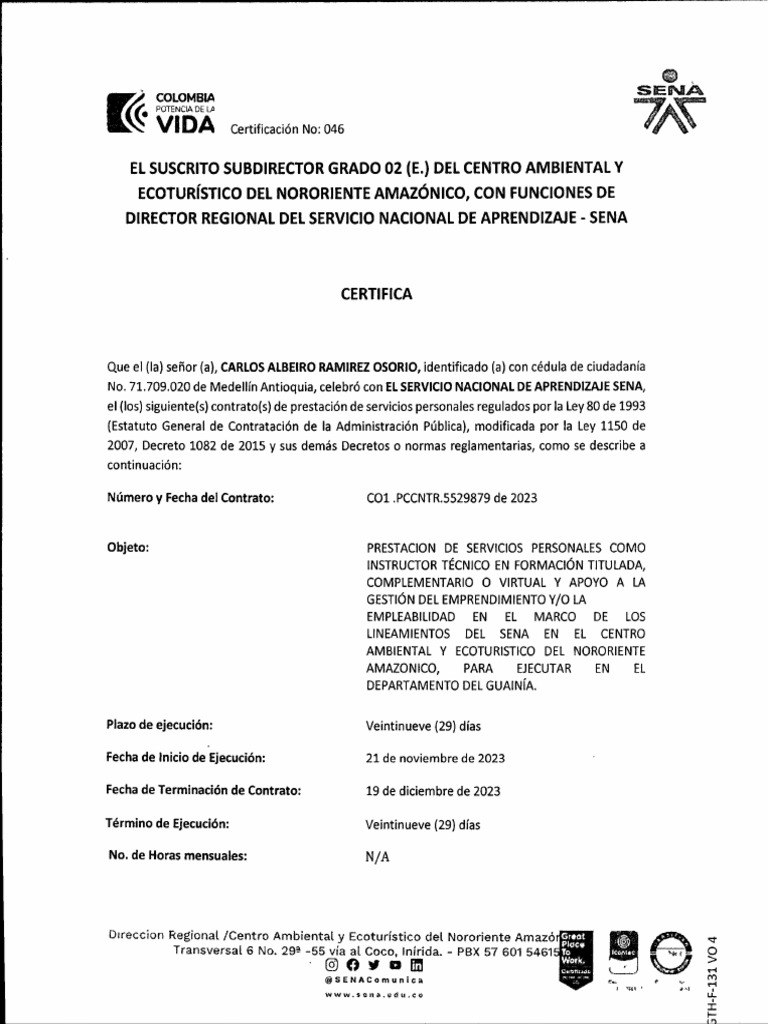 Certificado 046 de 2024 Carlos Albeiro Ramirez Ososrio | PDF