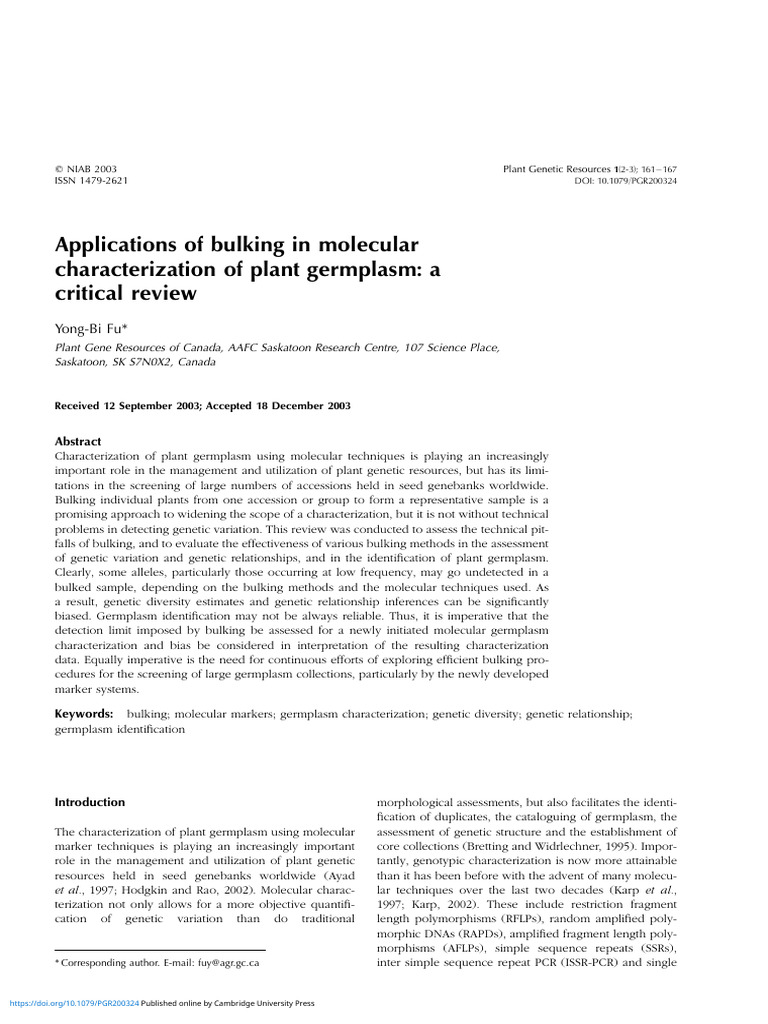 Applications of Bulking in Molecular Characterization of Plant Germplasm A Critical Review | PDF ...
