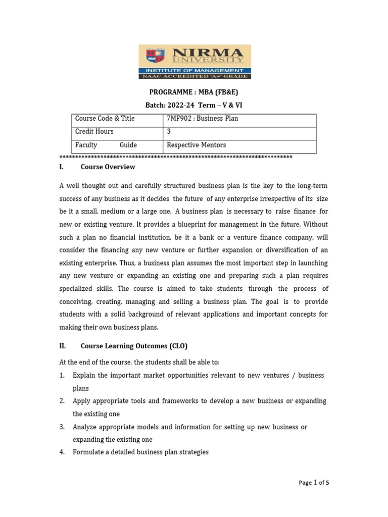 Business Plan Course Outline - 2022-24 Batch | PDF | Methodology | Business