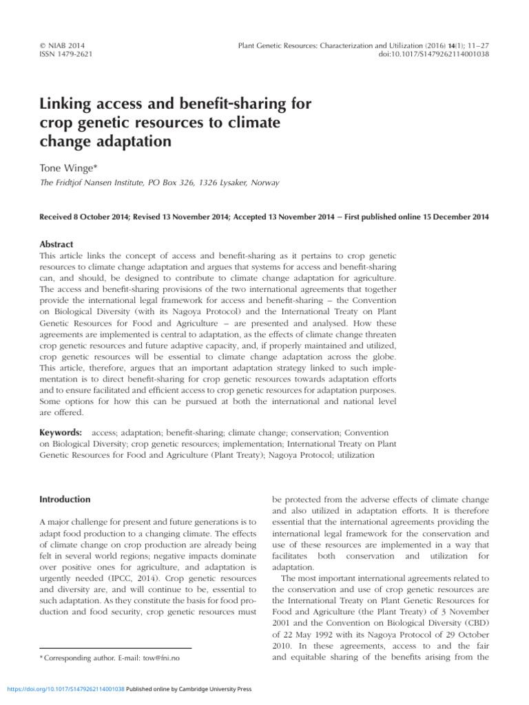 Linking Access and Benefit Sharing For Crop Genetic Resources To ... Linking Access and Benefit Sharing For Crop Genetic Resources To ...