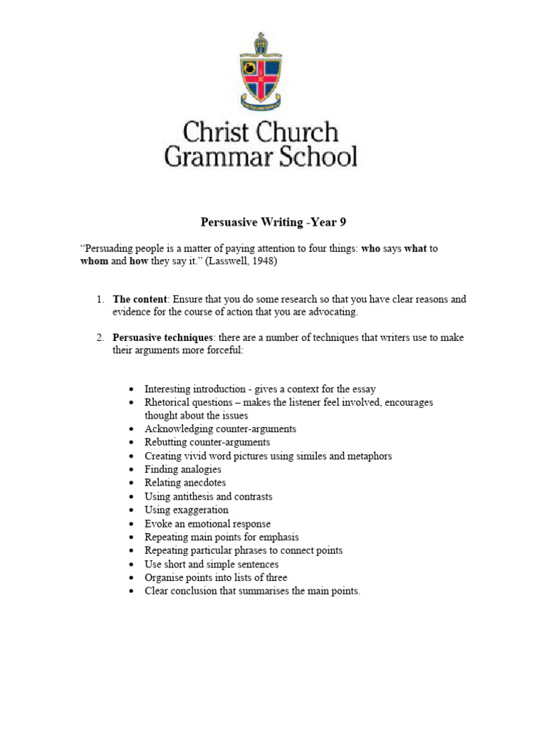 Year 9 Persuasive Writing Techniques | PDF | Persuasion | Argument