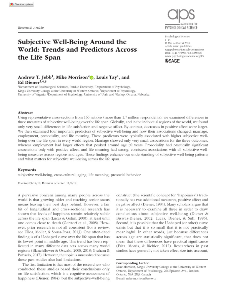 Subjective Well-Being Around The World: Trends and Predictors Across ...