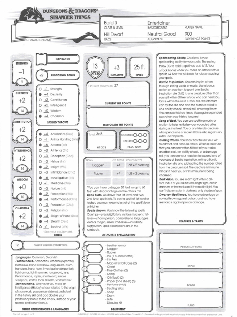 D&D 5e Stranger Things Box Character Sheets | PDF