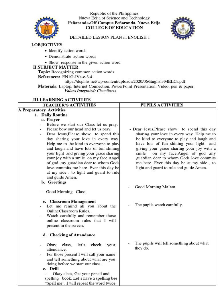 Detailed Lesson Plan in ENGLISH 1 Action Word | PDF | Prayer | Lesson Plan