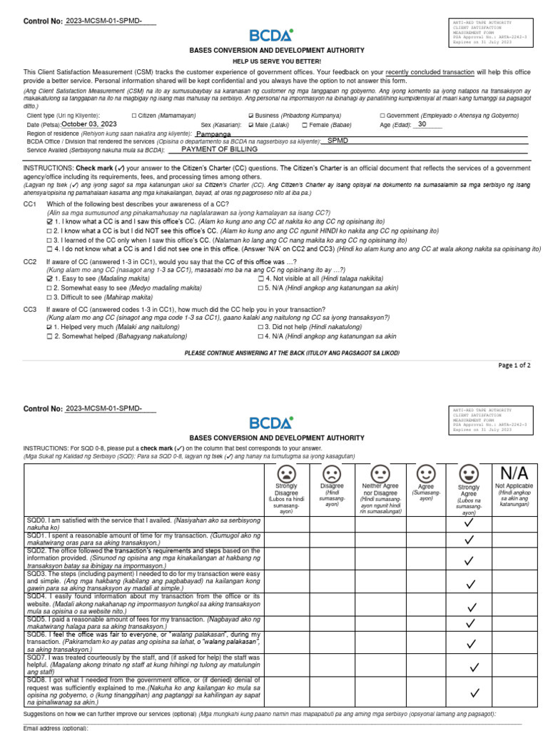 SPMD-Payment of Billing ARTA CSM Questionnaire With Filipino ...