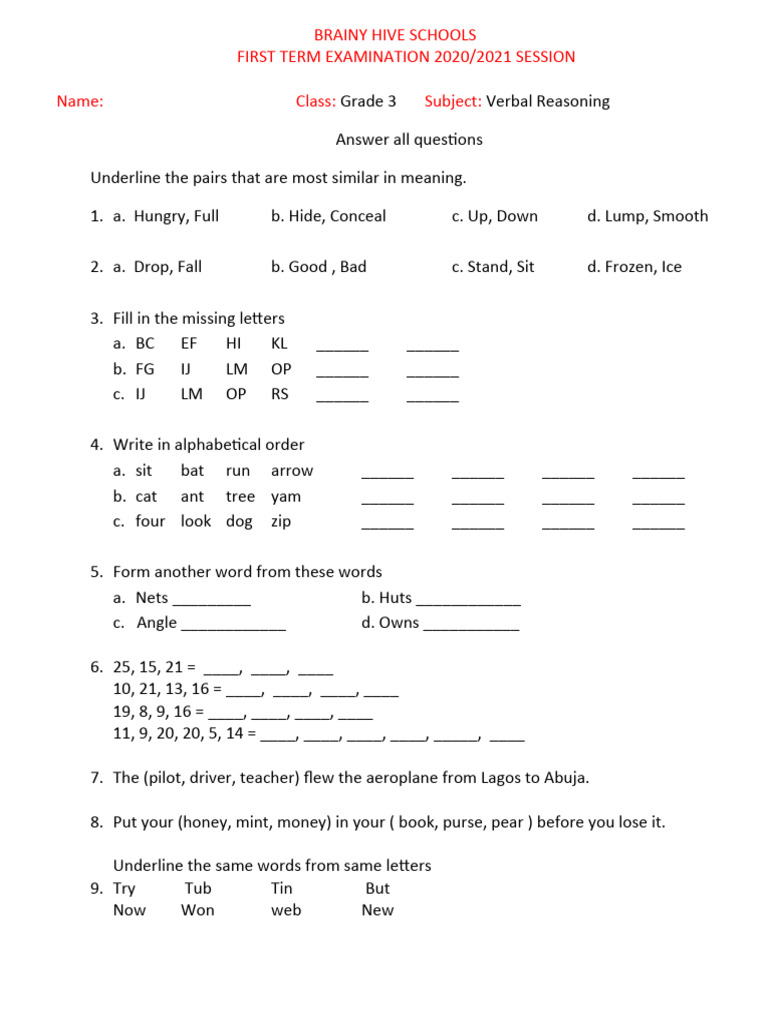 First Term Examination Grade Three 2020 - 2021 | PDF | Adam And Eve ...
