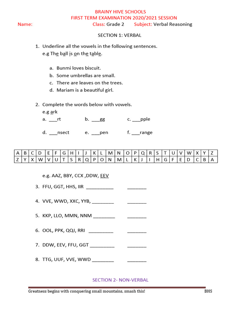 First Term Examination Grade Two 2020 - 2021 | PDF