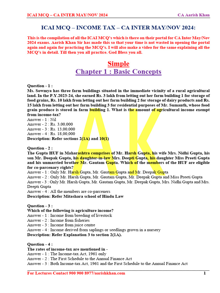 ICAI MCQ Income Tax CA Inter 2024 | PDF | Capital Gains Tax | Capital Gain