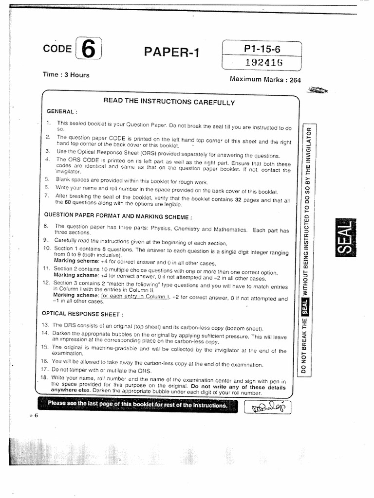 Jee Advanced 2015 Paper 1 Code 6 | PDF