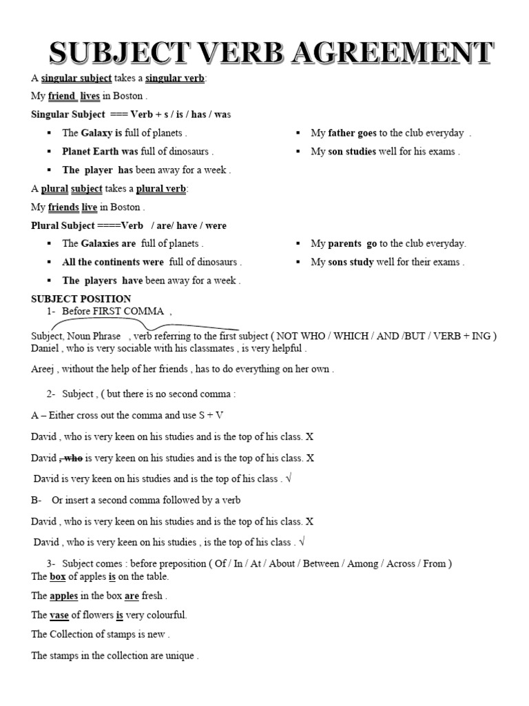 1-SUBJECT VERB AGREEMENT | PDF | Grammatical Number | Verb