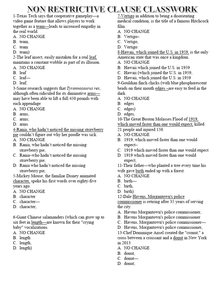 5-Non Restrictive Clause Classwork | PDF