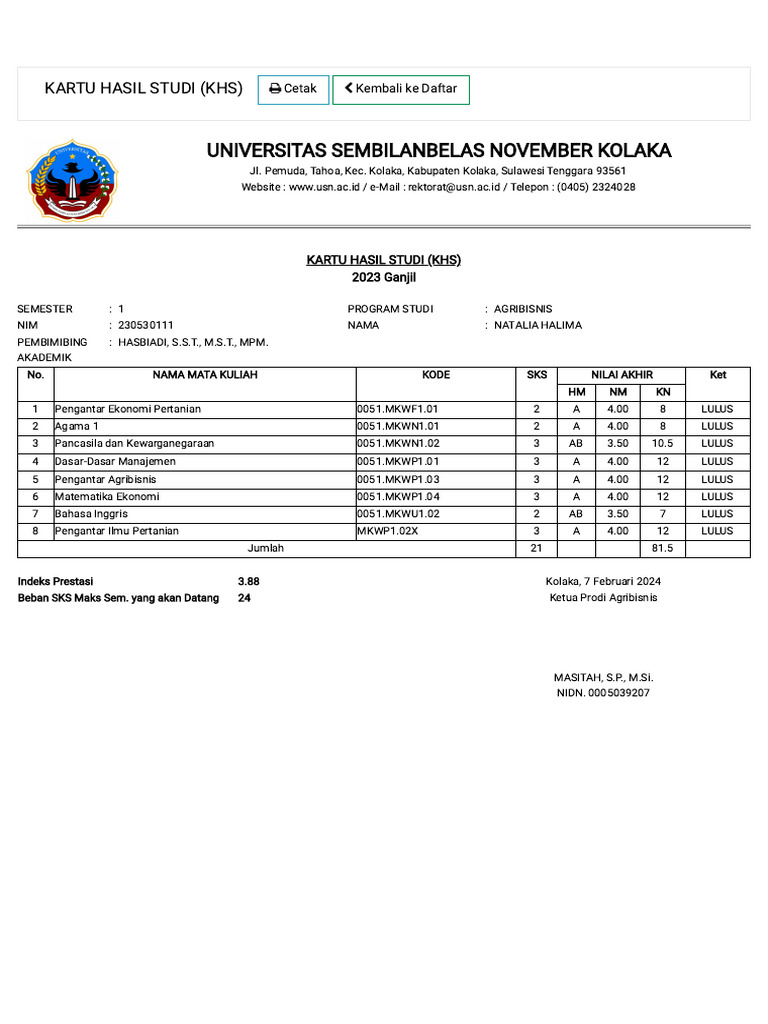 Kartu Hasil Studi (KHS) | PDF