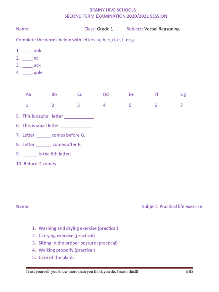 Second Term Examination Grade One 2020-2021 | PDF | Rhyme | Seed