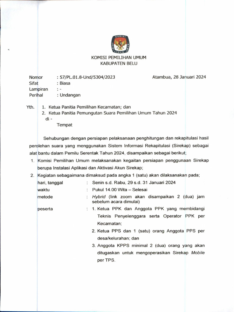 Kpu Kabupaten Belu - Undangan Aktifasi Akun Sirekap | PDF