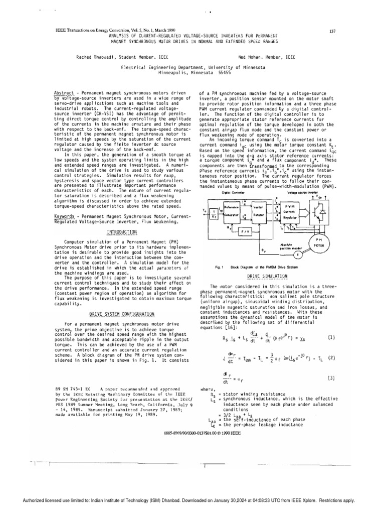Analysis Of Current Regulated Voltage Source Inverters For Permanent Magnet Synchronous Motor