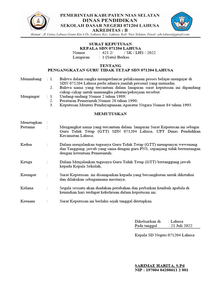 Contoh SK Pengangkatan Guru Honorer Seli 2022 | PDF