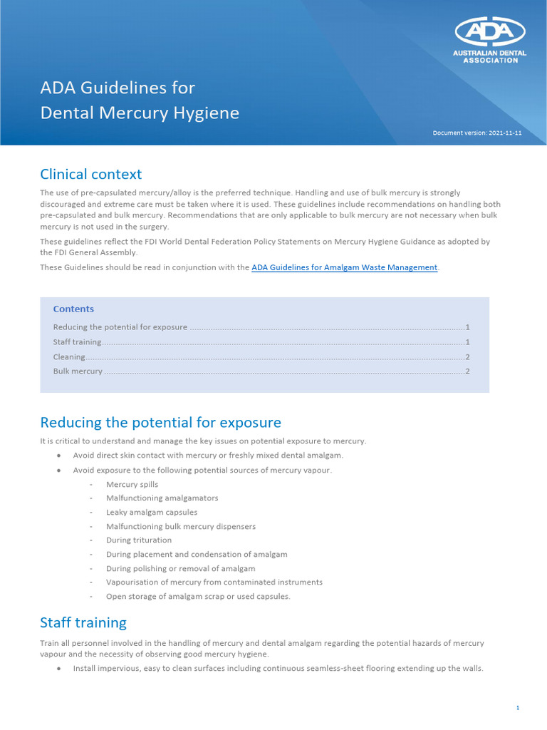 ADA Mercury Hygiene Guidelines | PDF | Mercury (Element) | Materials