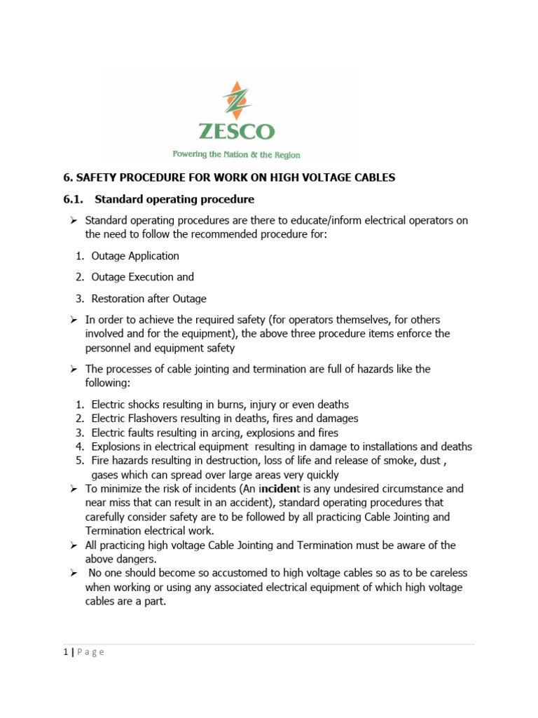 Safety Procedure For Work On High Voltage Cables | PDF | High Voltage ...