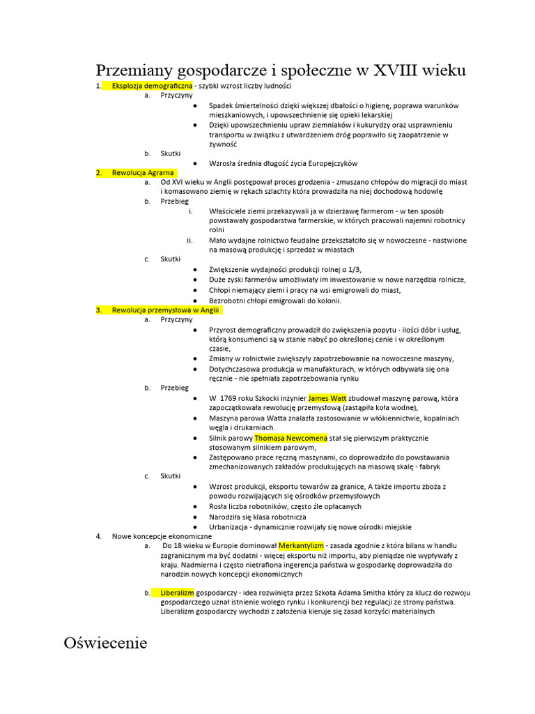 Przemiany Gospodarcze I Społeczne W XVIII Wieku | PDF