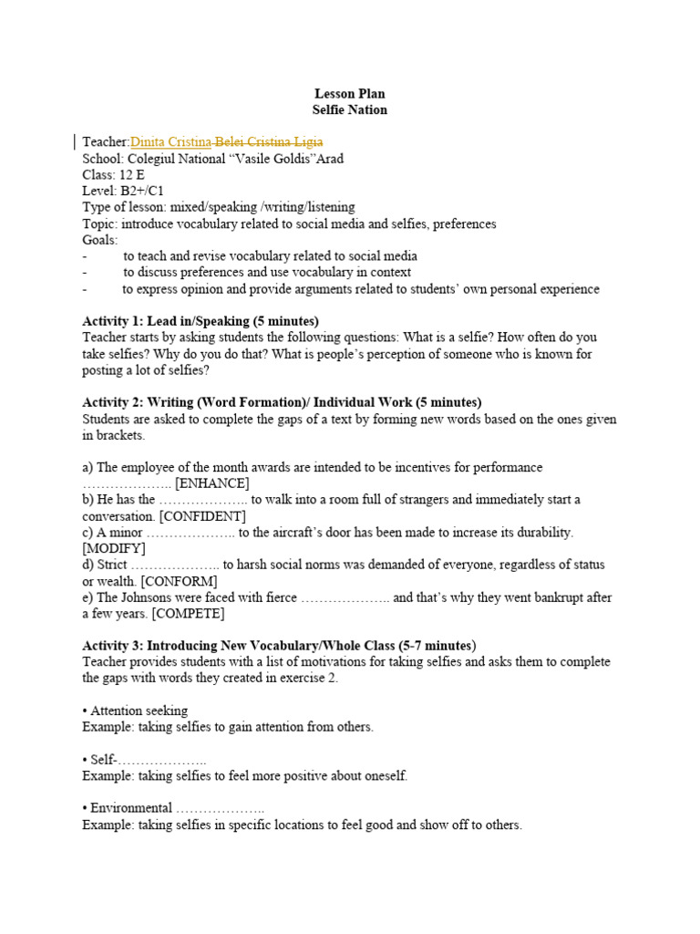 Lesson Plan 12 e | PDF | Vocabulary | Selfie