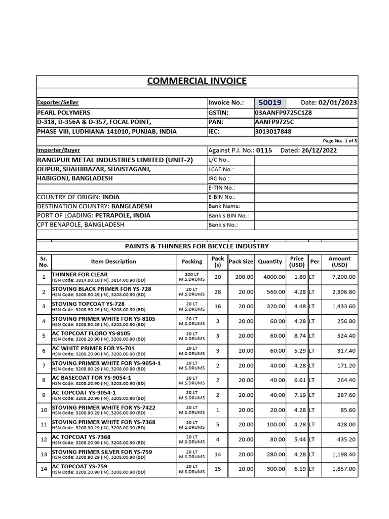 Pearl Polymers Commercial Invoice 50019 | PDF | Invoice | Business