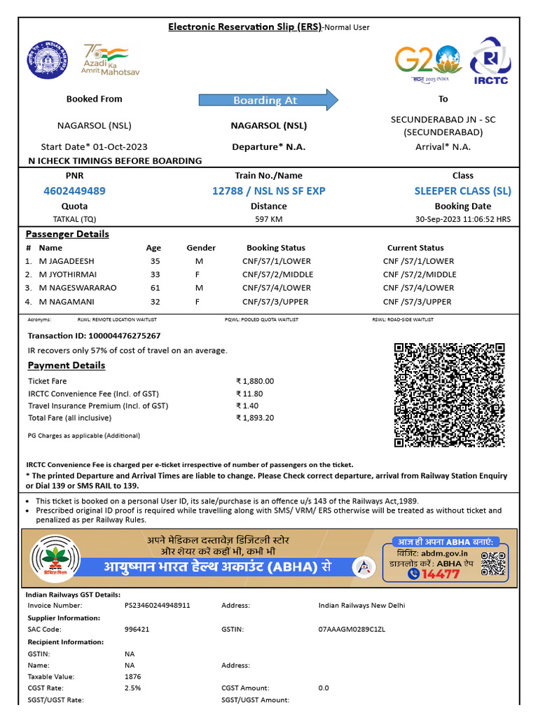 NSL Ns SF Exp Sleeper Class (SL) : Electronic Reserva On Slip (ERS) | PDF | Identity Document ...