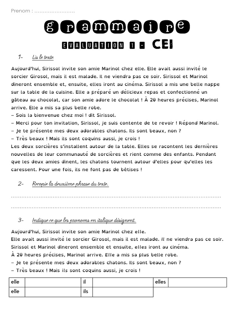 Evaluation 1 Picot CE1 | PDF