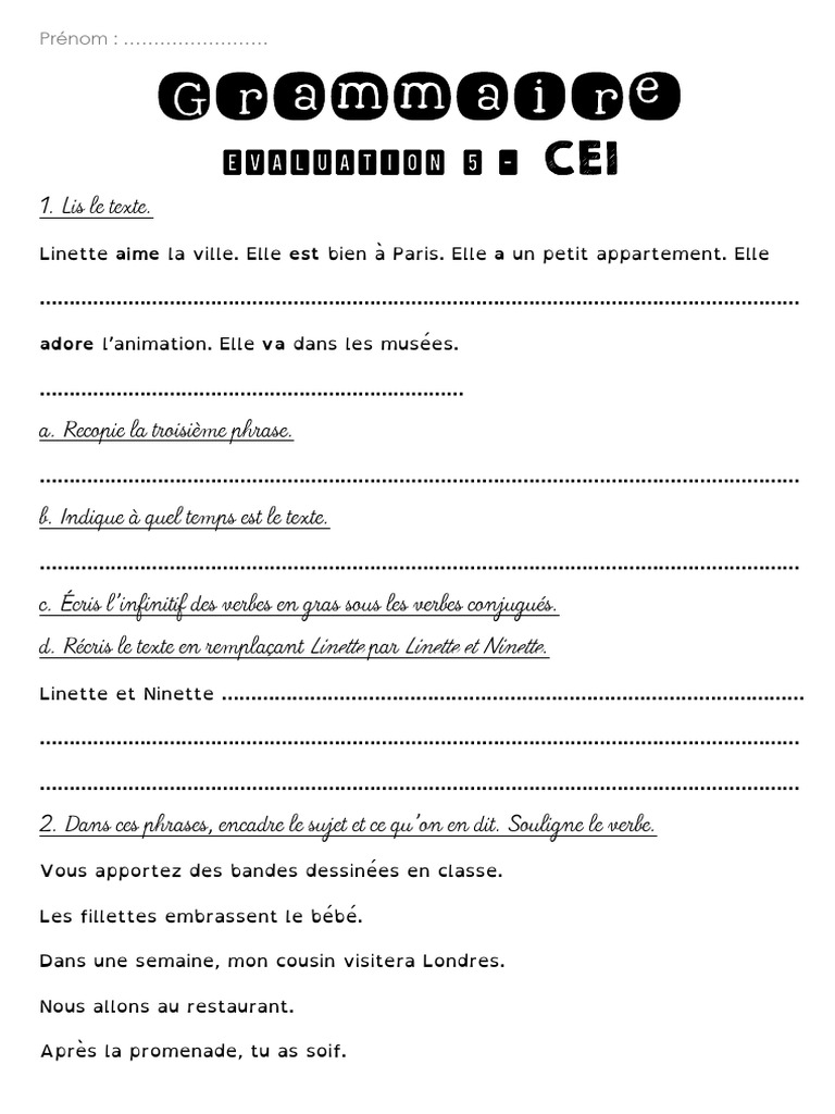 Evaluation 5 Picot Ce1 | PDF | Jeux et activités | Maison et jardin