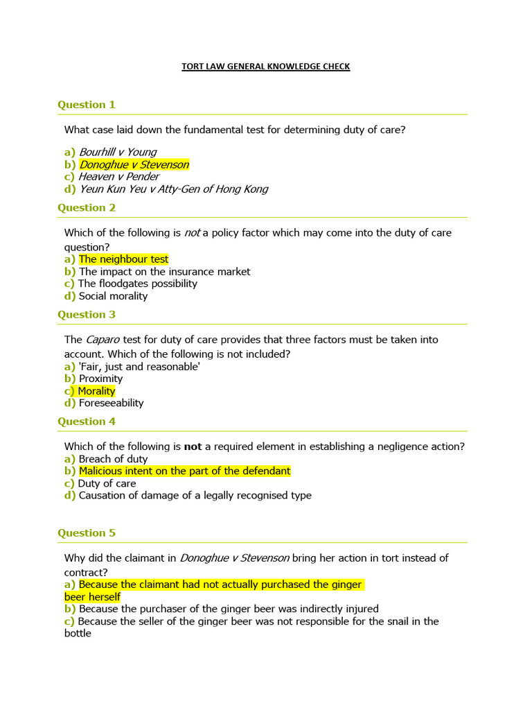 Tort Law Knowledge Assessment | PDF | Negligence | Tort