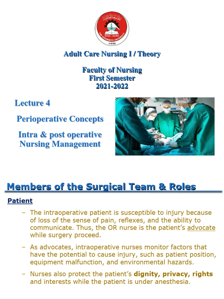 Lecture 4 - Intraoperative & Postoperative Nursing Management 2021-2022 ...