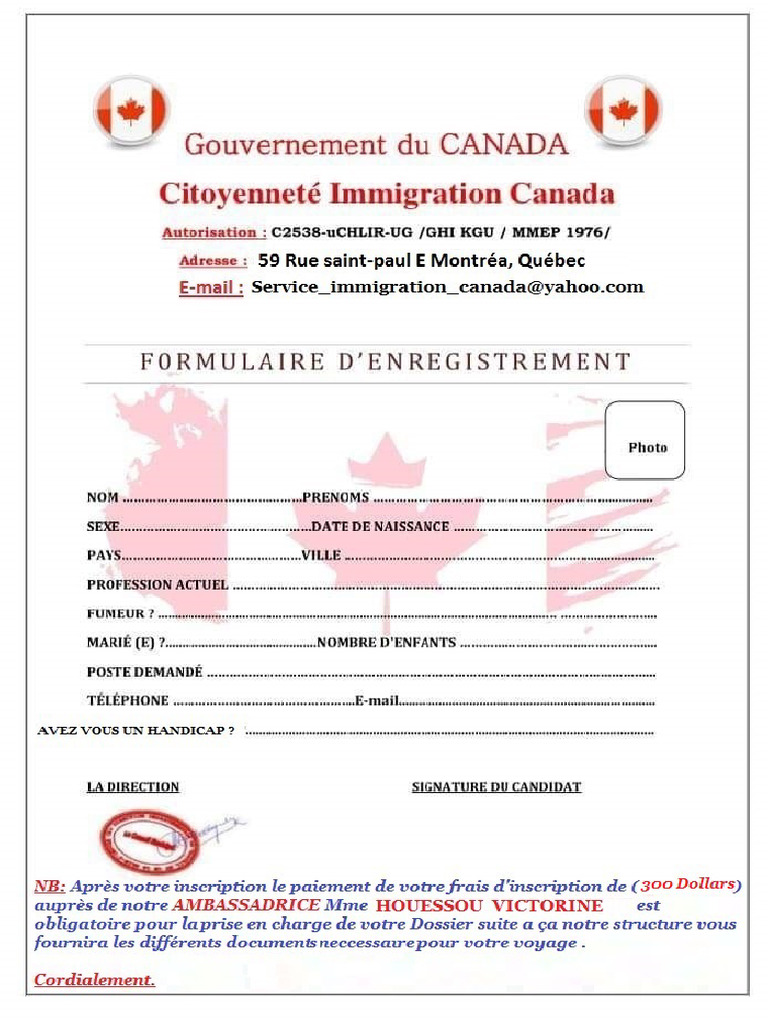 R.F Fiche D'inscription Immigration Canada | PDF