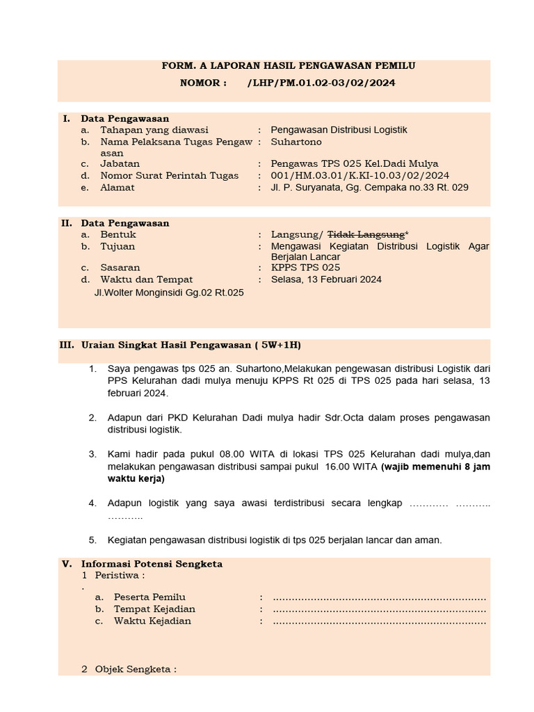 Form A Pengawasan Distribusi Logistik Ptps | PDF