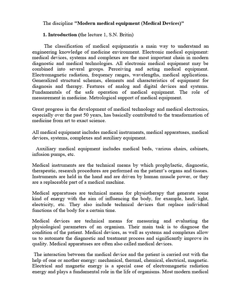 The Lecture 1 Introduction 1 - The Discipline Modern Medical Equipment ...