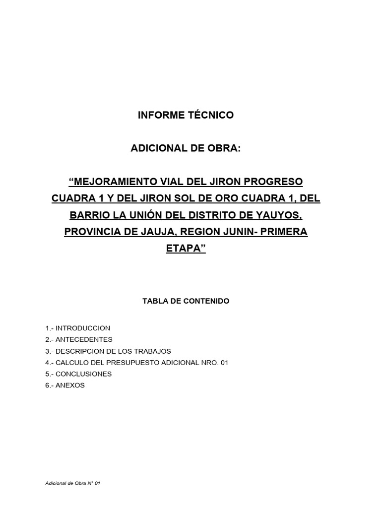 INFORME TÉCNICO ADICIONAL DE OBRA | PDF | Hormigón | Presupuesto