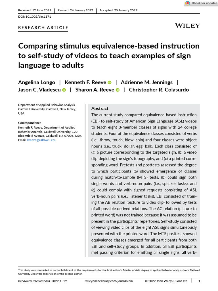 Comparing Stimulus Equivalence Based Instruction To Self Study of ...