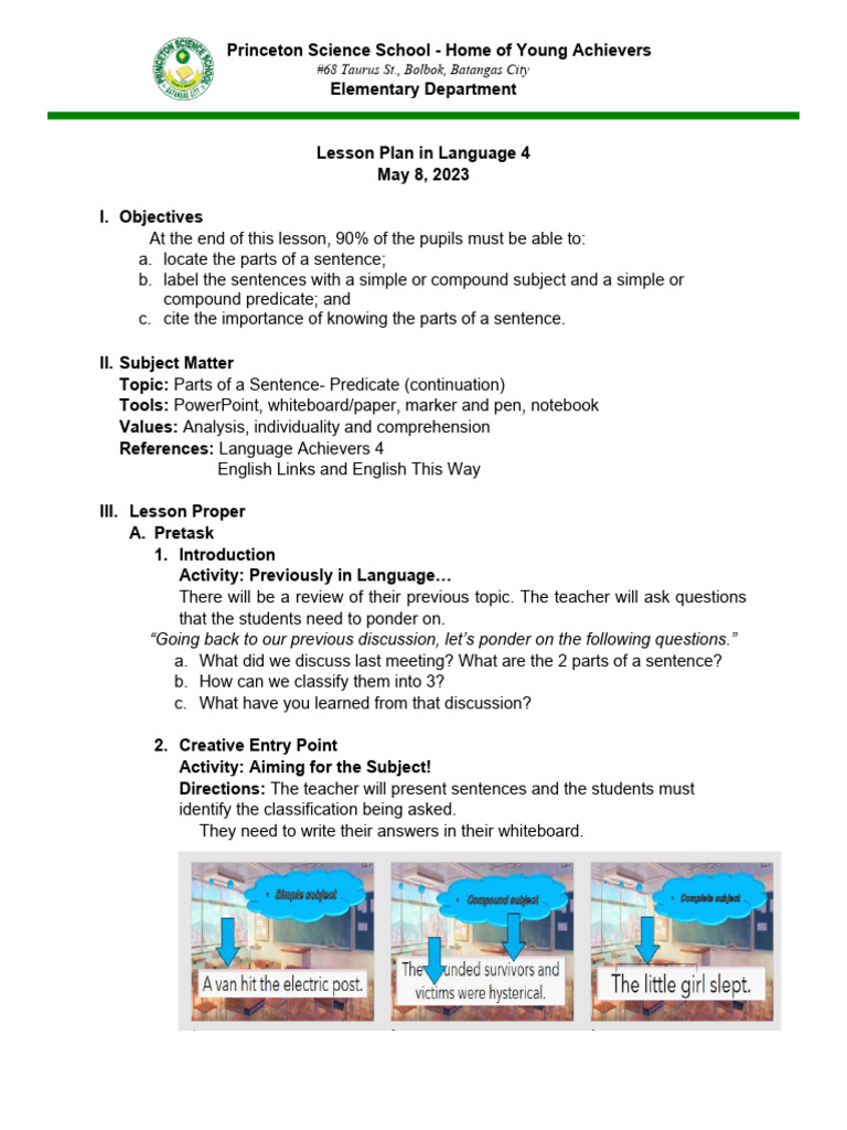 Lesson Plan in Language May 8, 2023 | PDF | Subject (Grammar ...