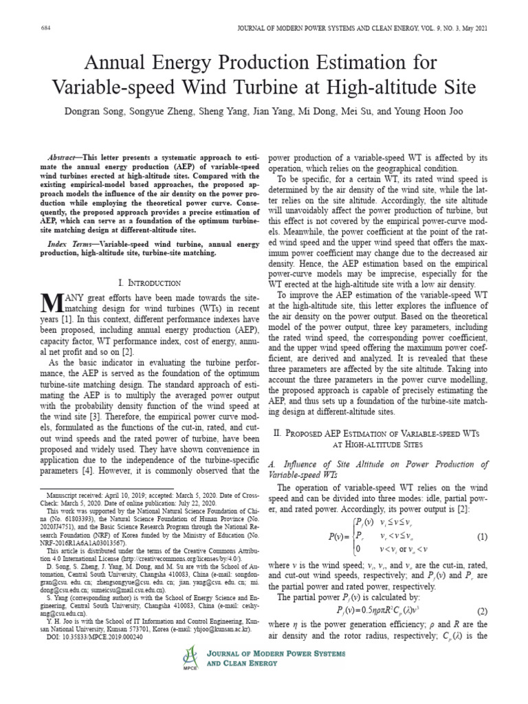 Annual Energy Production Estimation For Variable-Speed Wind Turbine at High-Altitude Site | PDF ...