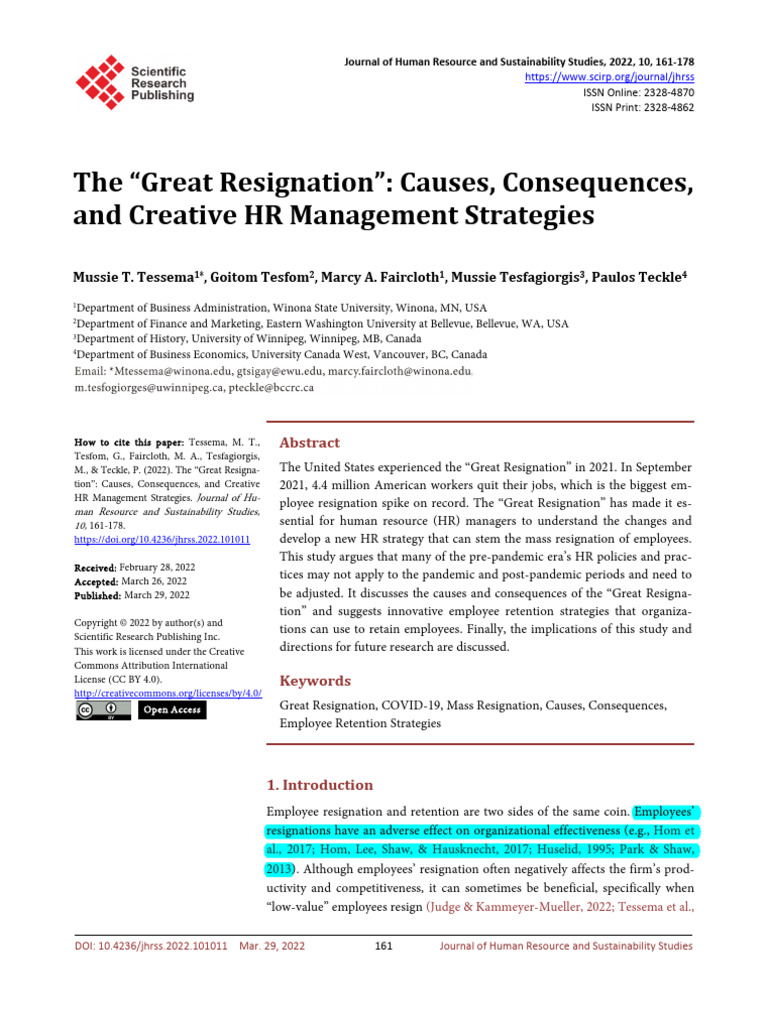 Causes, Consequences, and Creative HR Management Strategies | PDF ...