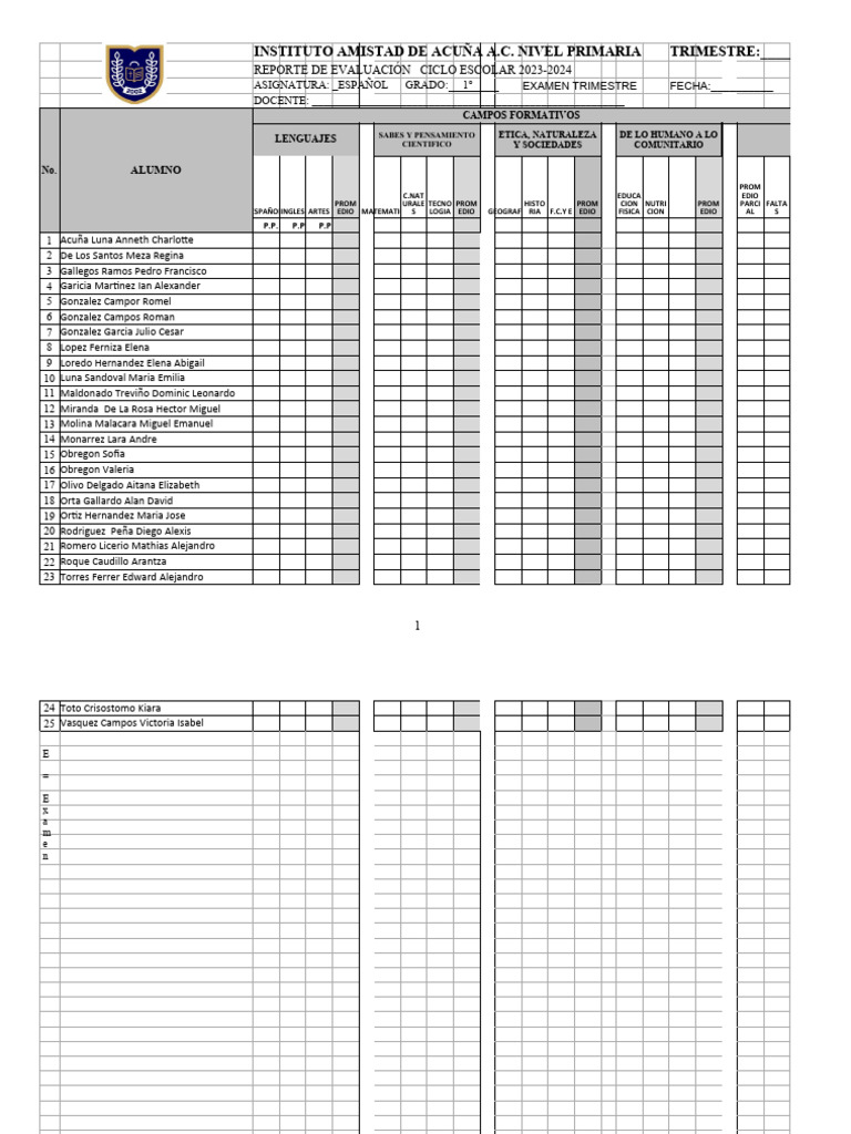 Reporte de Calificaciones Primaria Campos Formativos | PDF