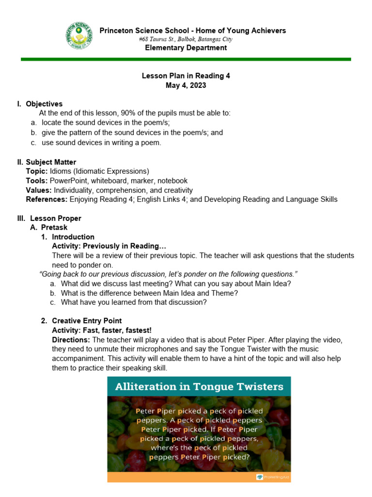 Reading Lesson Plan: Alliteration Focus | PDF