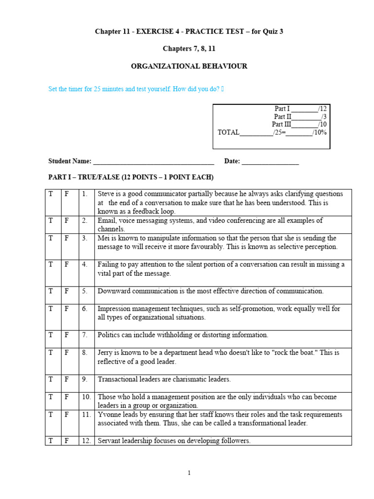 Organizational Behaviour Practice Test | PDF | Power (Social And ...