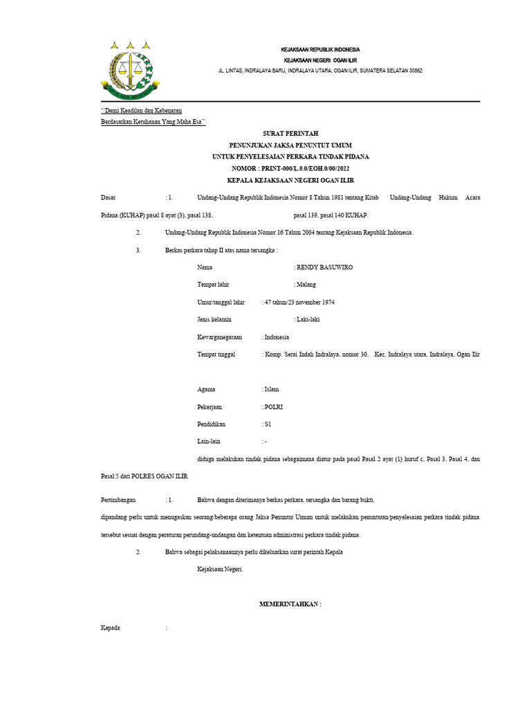 Surat Perintah Penunjukan Jpu | PDF
